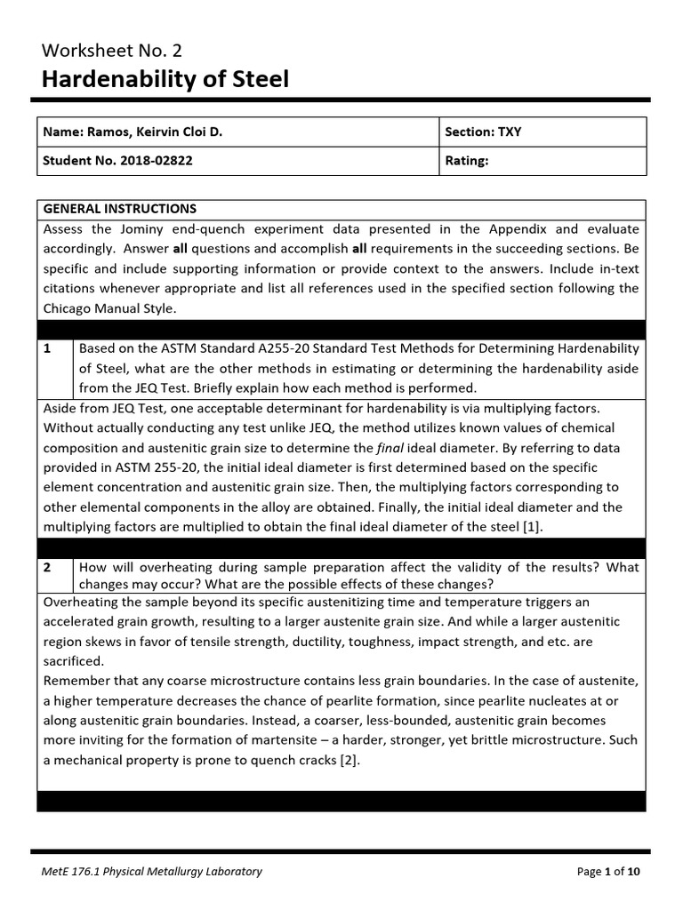 Worksheet 2 - Hardenability of Steel | PDF | Steel | Building Materials