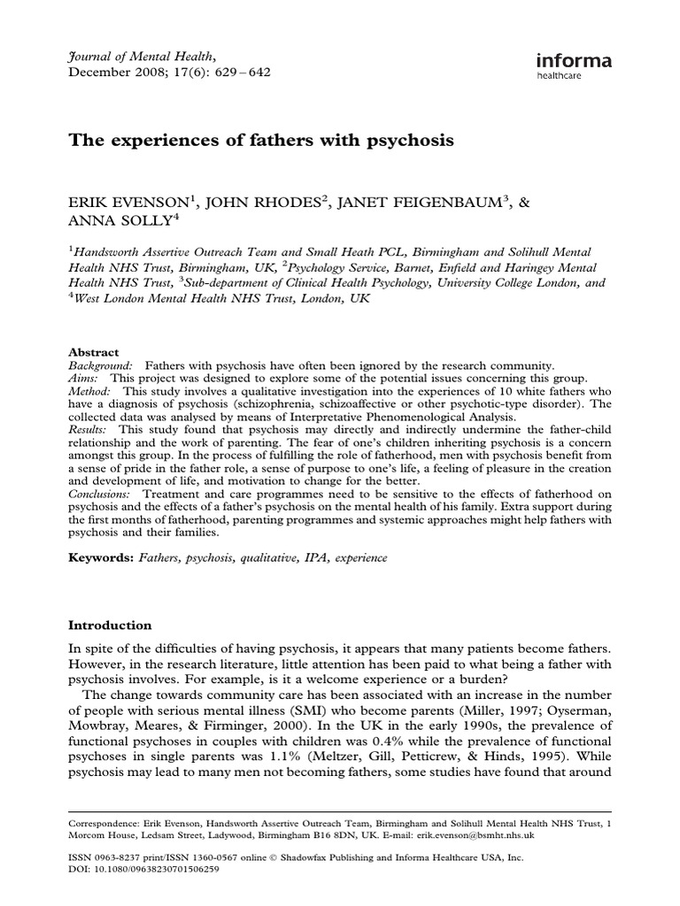The Experiences of Fathers With Psychosis: Erik Evenson, John Rhodes ...