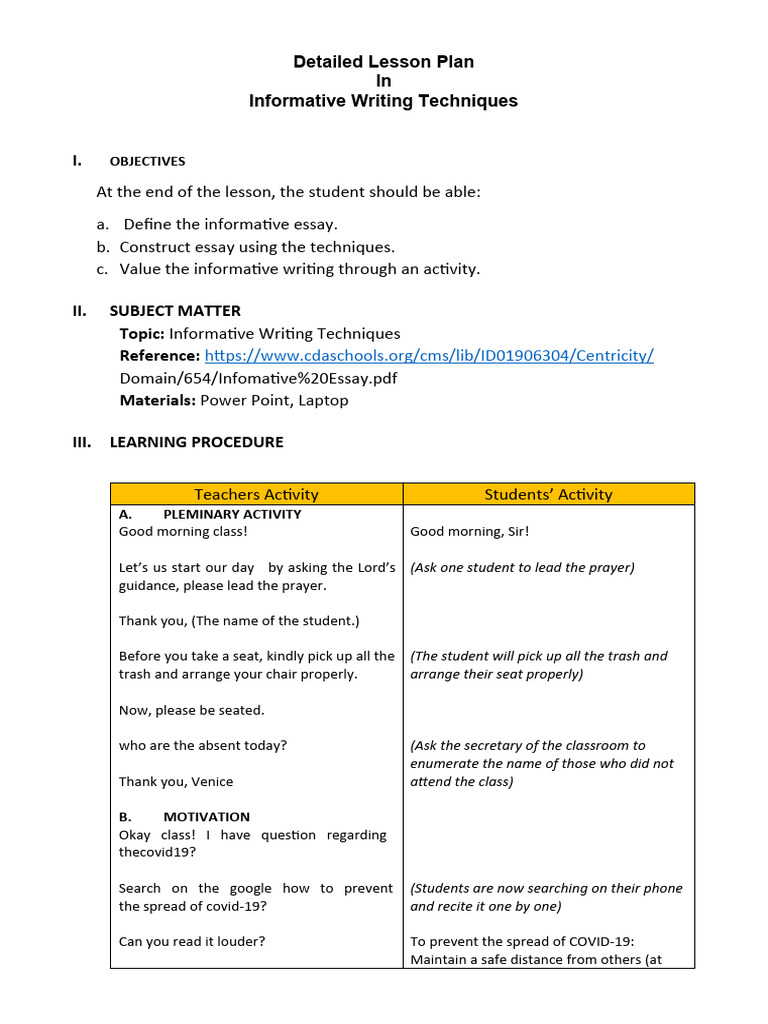 Informative Writing Lesson Plan | PDF | Essays | Smoking