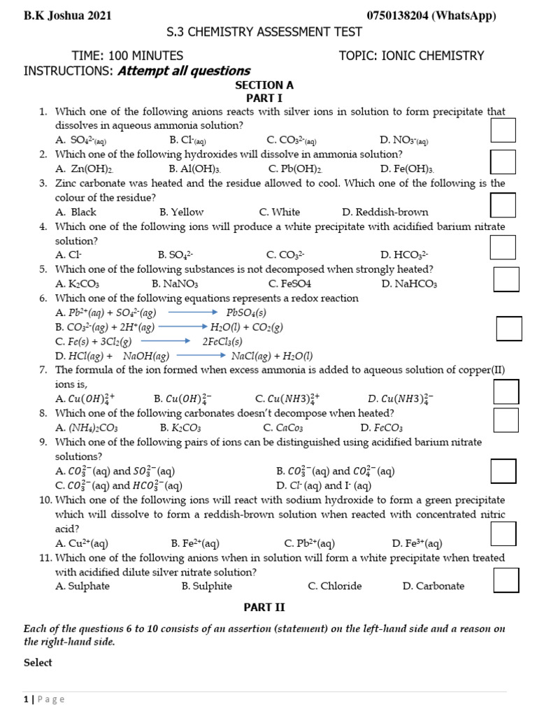 S3 Chemistry Test On Ionic Chemistry@bk Joshua 2022 PDF | Download Free ... S3 Chemistry Test On Ionic Chemistry@bk Joshua 2022 PDF | Download Free ...