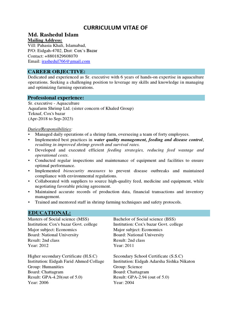 Curriculum Vitae of Rashed.. | PDF | Aquaculture
