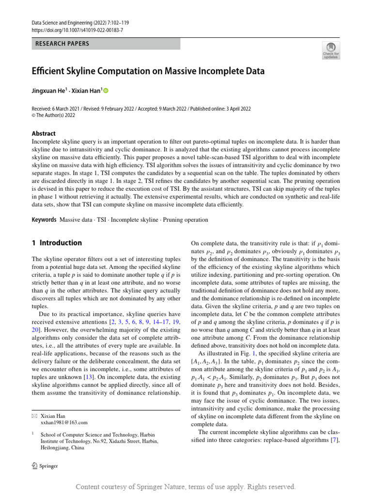 Efficient Skyline Computation On Massive Incomplet | PDF | Time Complexity | Algorithms