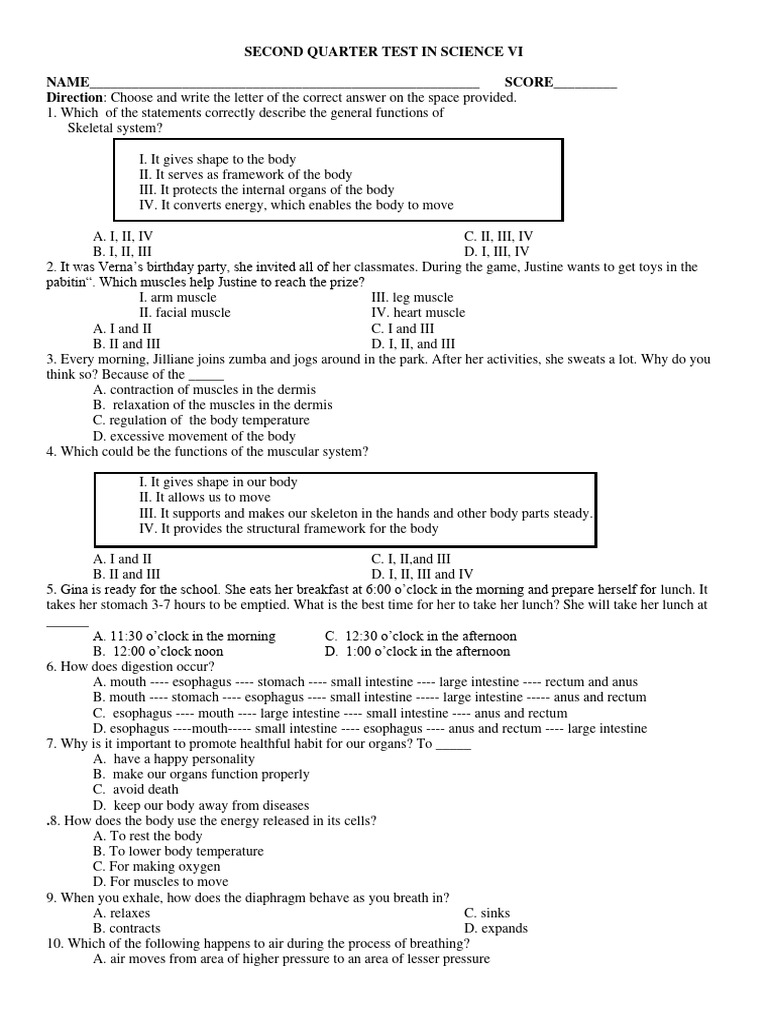 SCIENCE 6 2nd Quarter Test With TOS | PDF | Nerve | Nervous System