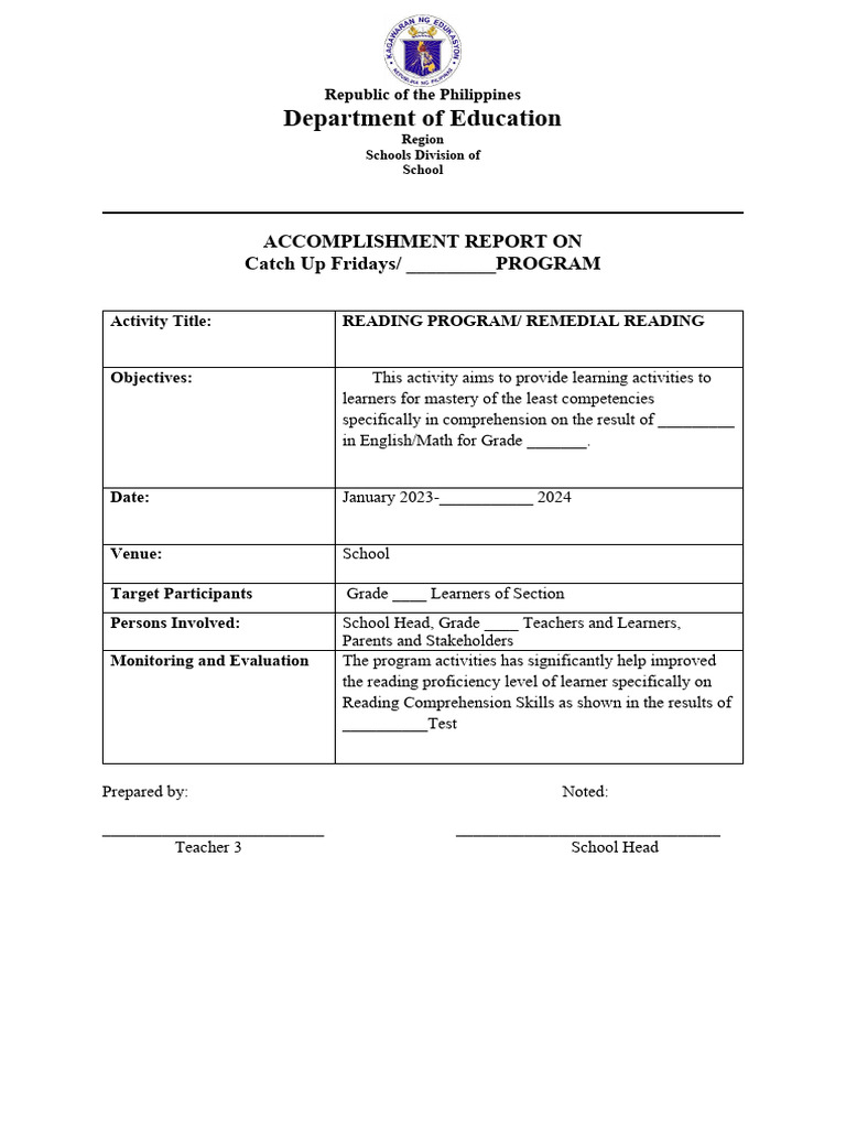 Sample Accomplishment and Narrative | PDF | Reading Comprehension ...