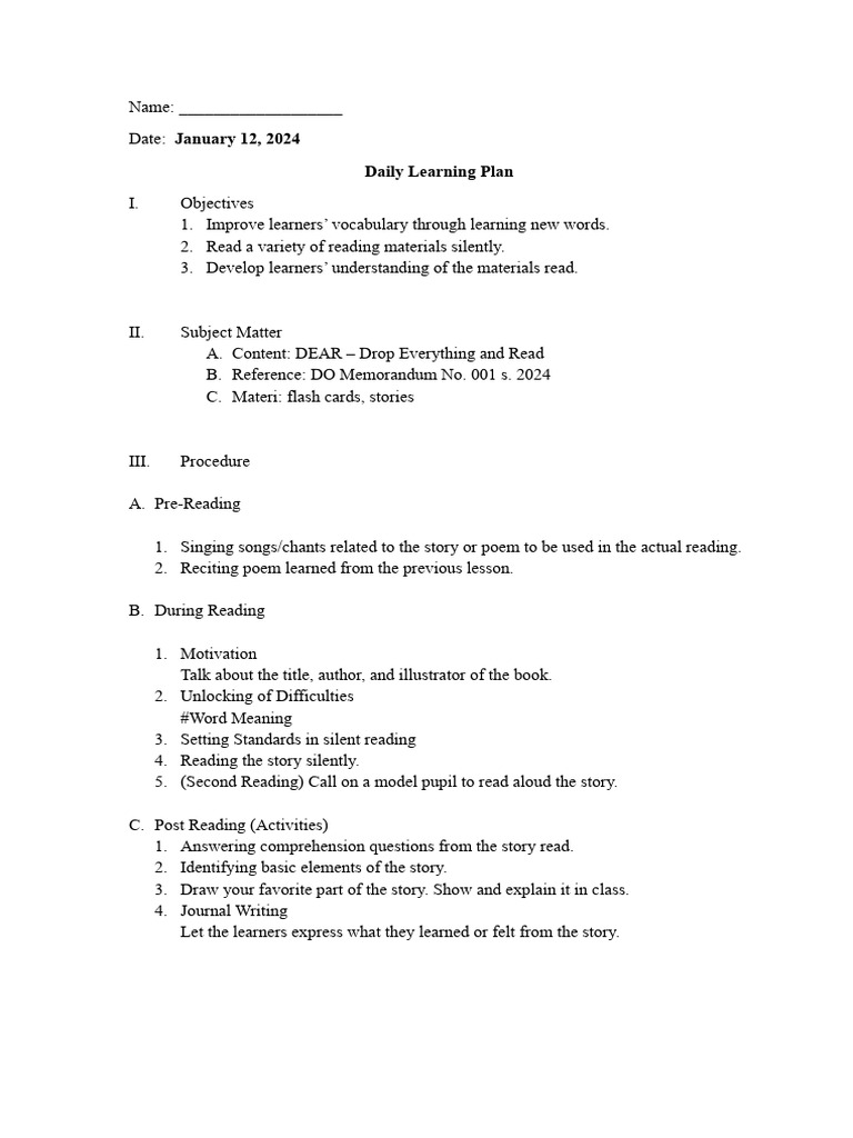 Daily Learning Plan: DEAR Program | PDF | Foreign Language Studies