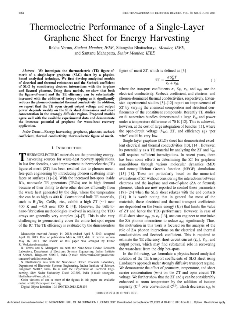 Thermoelectric Performance of A Single-Layer Graphene Sheet For Energy Harvesting | PDF ...
