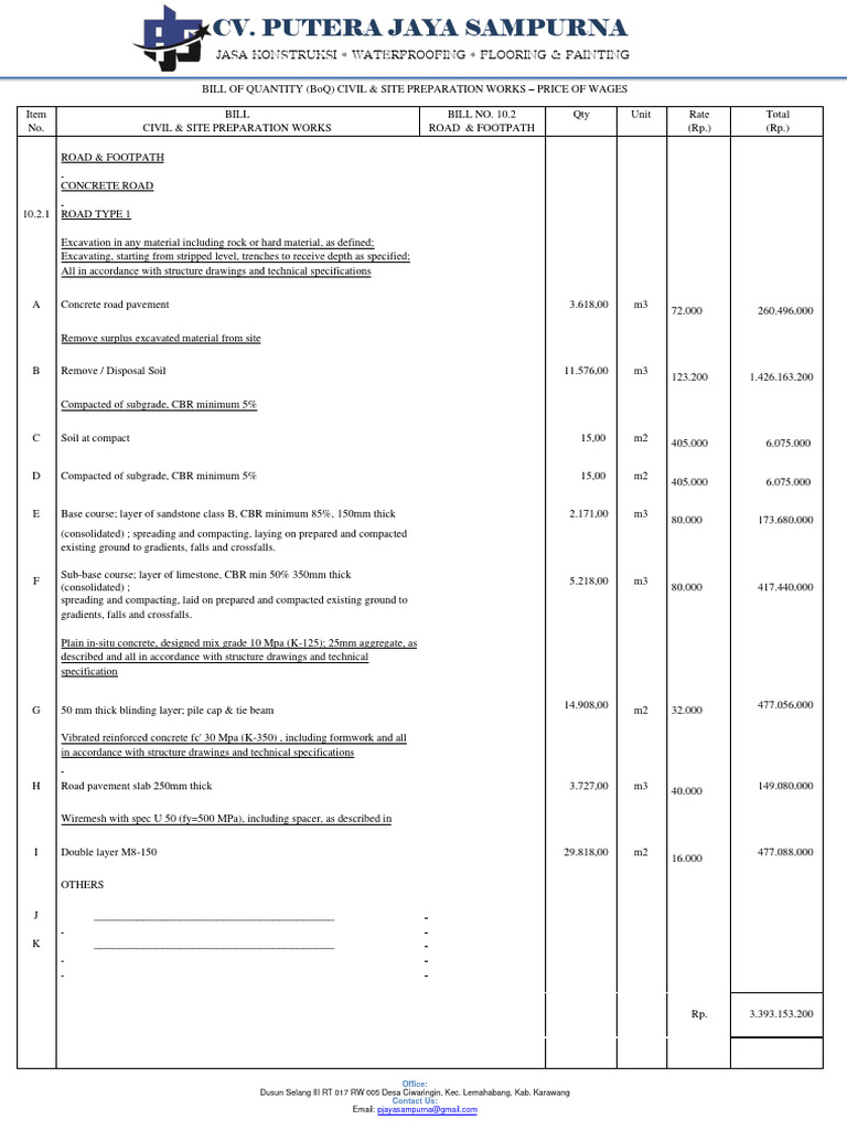 BoQ ROAD & FOOTPATH - CIVIL & SITE PREPARATION WORKS Jl. Coca Cola 16 ...