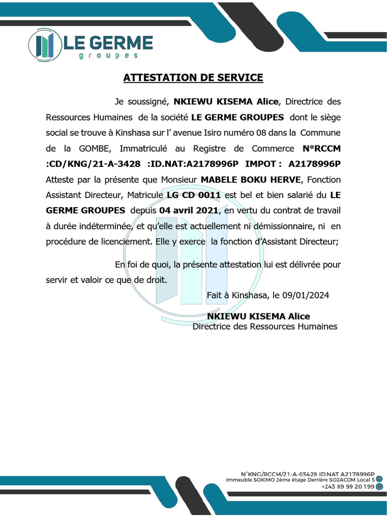 Attestation de service de M. Mabele Boku | PDF | Évolution de carrière ...