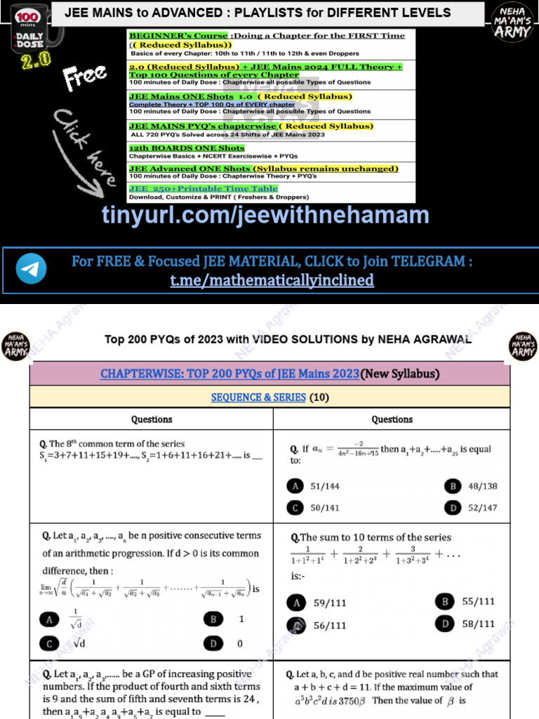 CHAPTERWISE - TOP 200 PYQs of JEE Mains 2023 | PDF | Derivative | Integral