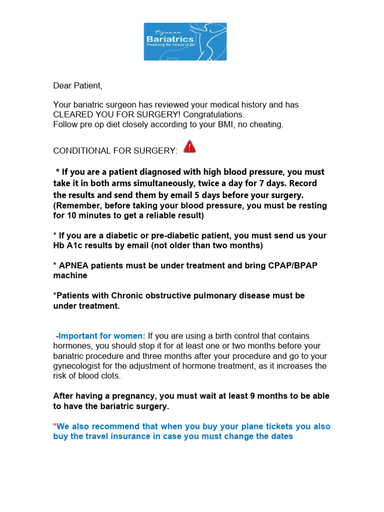 Cleared For Surgery, Instructions | PDF | Bariatric Surgery | Surgery