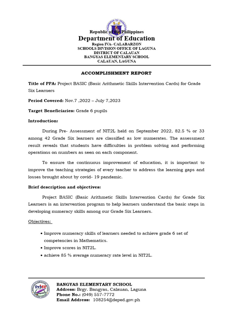 Project BASIC Accomplishment Report | PDF | Learning | Behavior ...