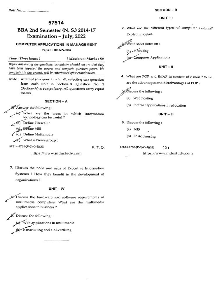 Bba 2 Sem Computer Applications in Management 57514 Jul 2022 | PDF