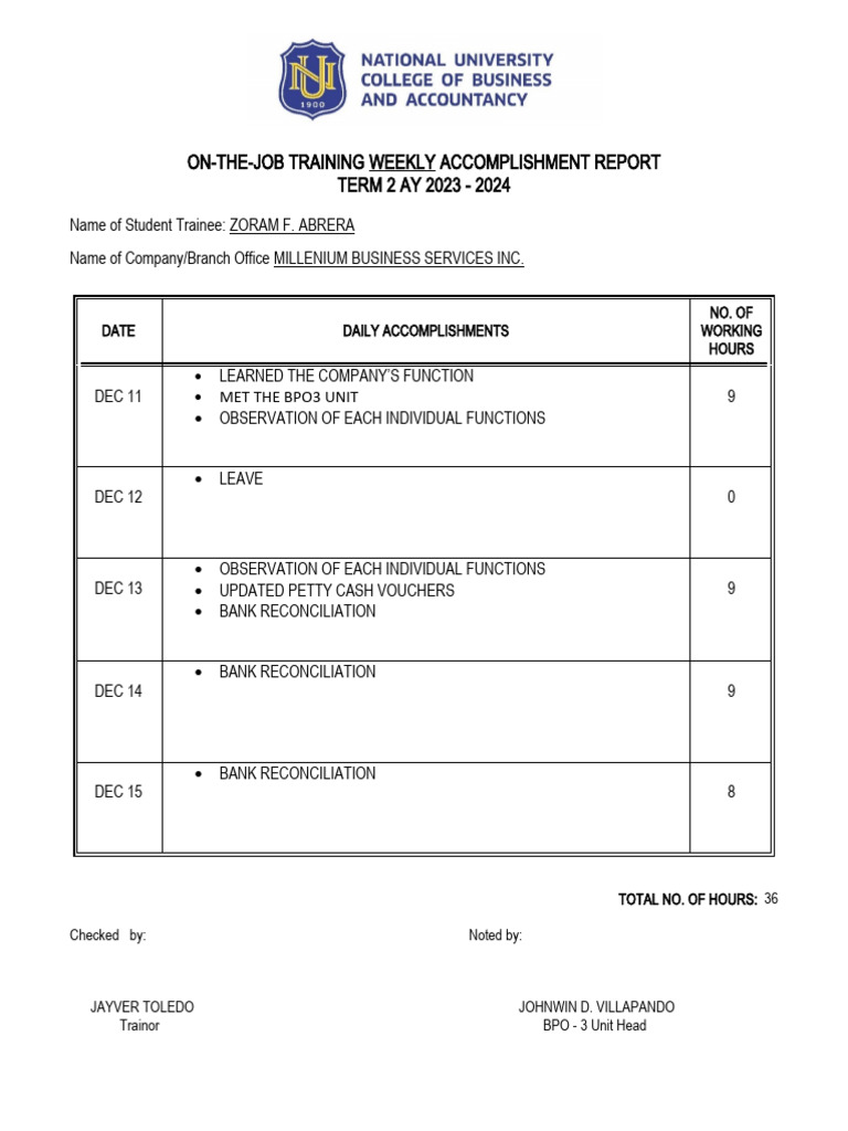 WEEK 1 - OJT Weekly Report Template TERM 2 | PDF
