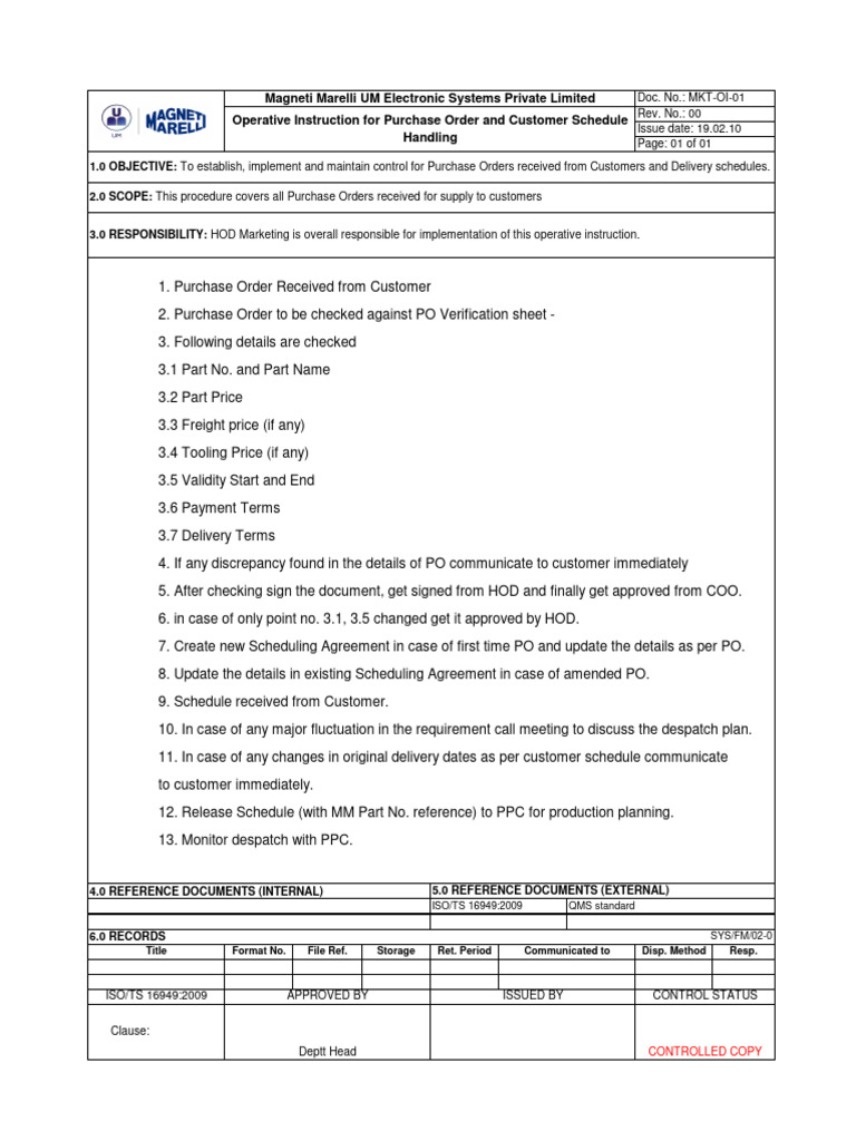 MKT - OI - 01 - Customer PO Handling | PDF