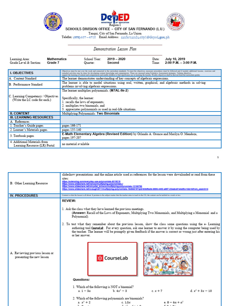 Grade 7 Math Lesson Plan: Polynomials | PDF | Learning | Curriculum