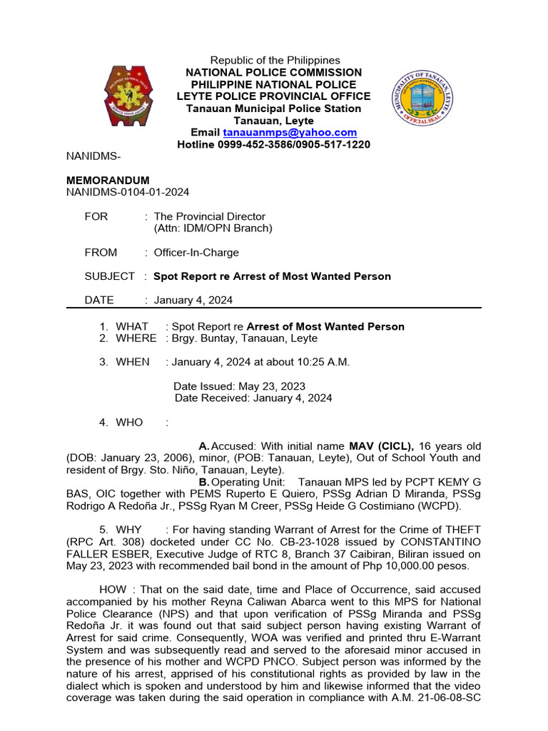 Sample Spot Report | PDF | Arrest | Legal Action