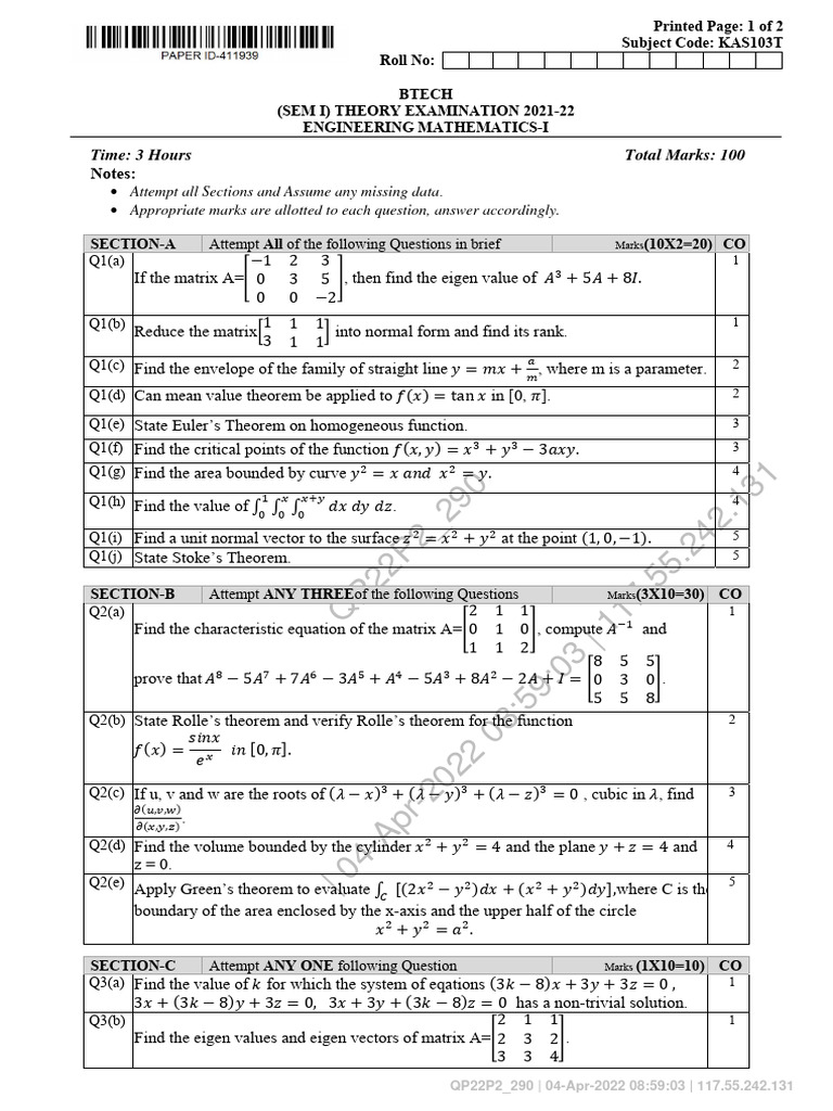 Engineering Mathematics I Kas 103T 1 | PDF | Eigenvalues And Eigenvectors | Mathematical Analysis