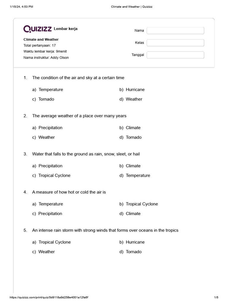 Weather and Climate Quiz Questions | PDF | Tropical Cyclones | Weather