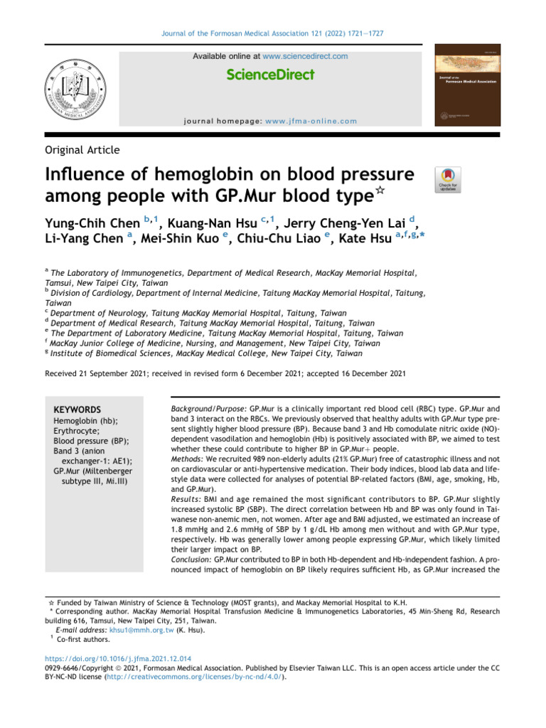 Influence of Hemoglobin On Blood Pressure Amon - 2022 - Journal of The ...