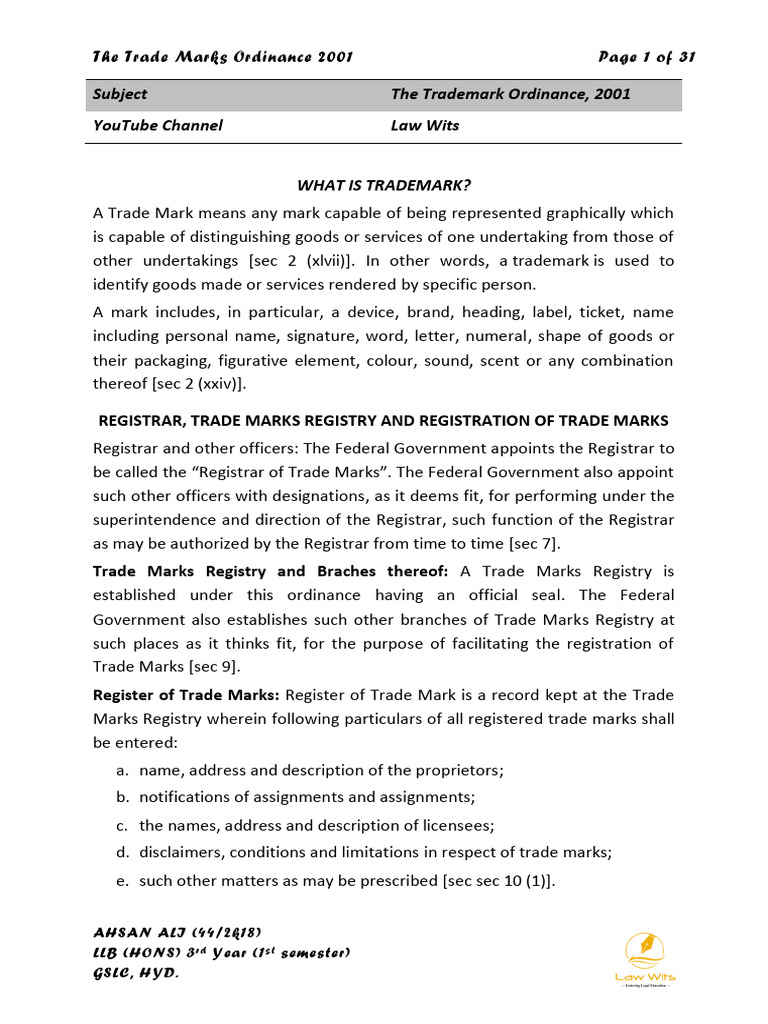Trade Marks Ordinance 2001 Overview | PDF | Trademark | Private Law