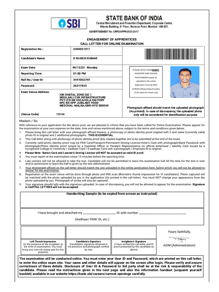 Apprentice Online Exam Call Letter | PDF