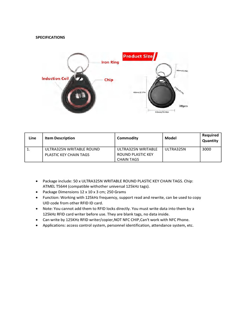 ULTRA325N RFID Key Tags Specs | PDF