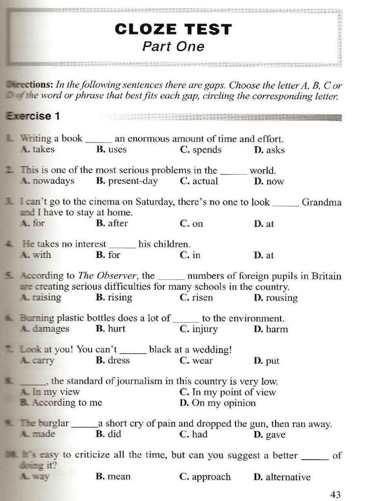 Cloze Test Part One | PDF