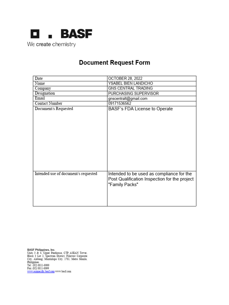 BASF FDA License Request for Compliance | PDF