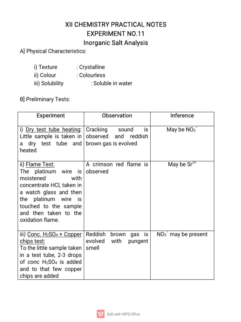 Exp 12 XII Practical Salt Analysis 7 | PDF | Chemical Substances | Chemical Compounds