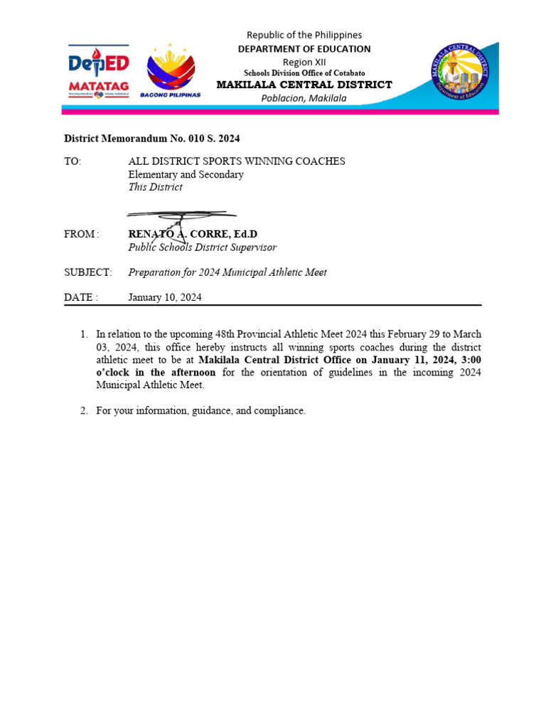 District-Memo-No.-010-S.-2024-Municipl Meet | PDF