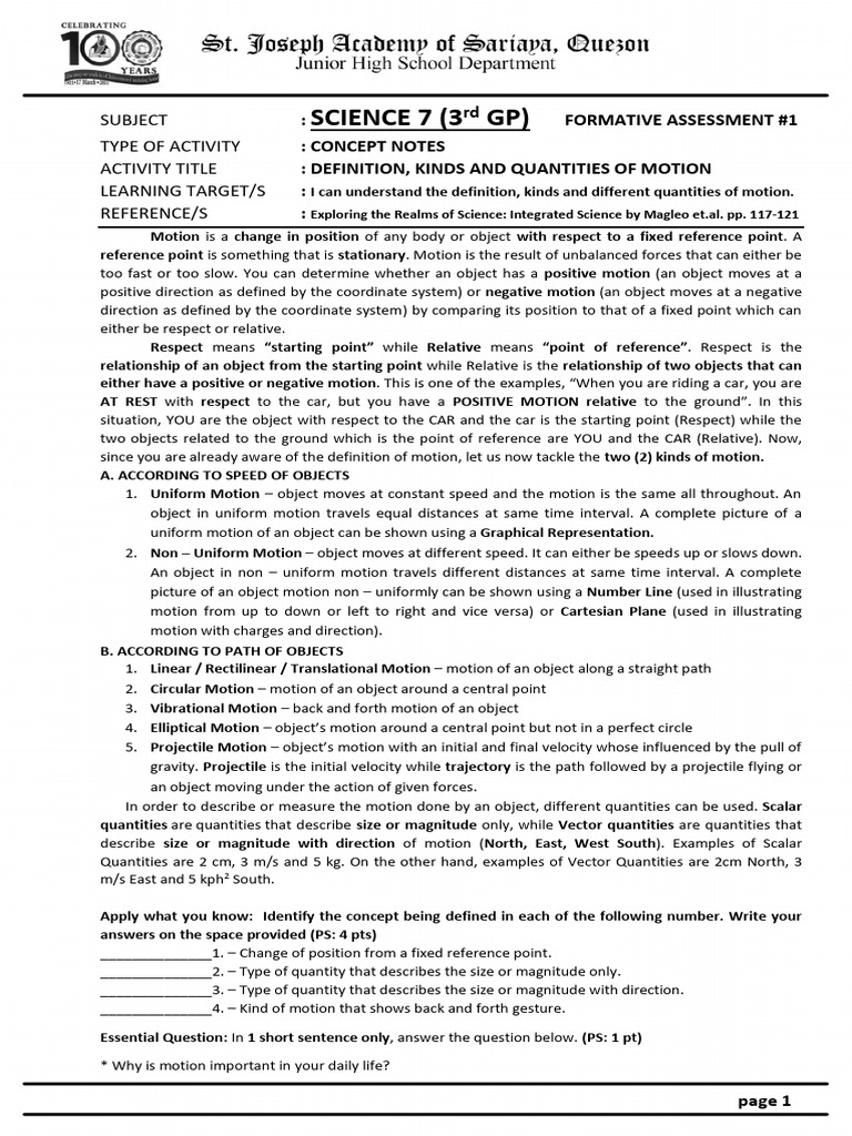 Formative Assessment 1 | PDF | Kinematics | Speed