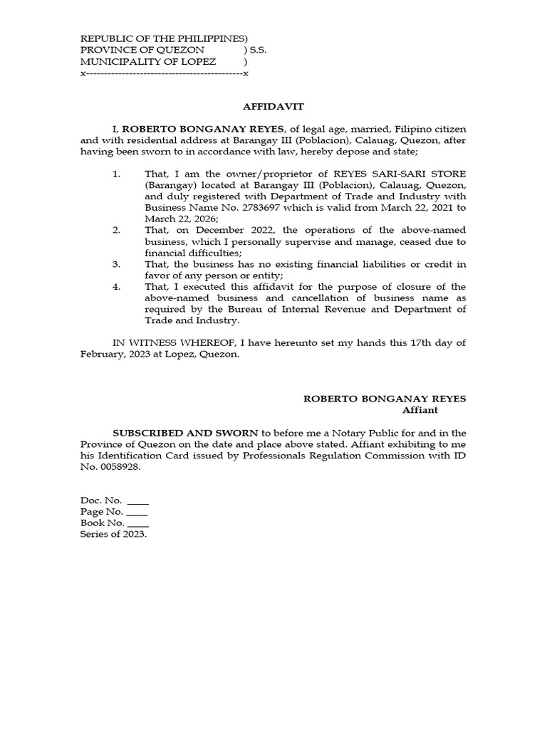 Affidavit - CLOSURE OF BUSINESS | PDF
