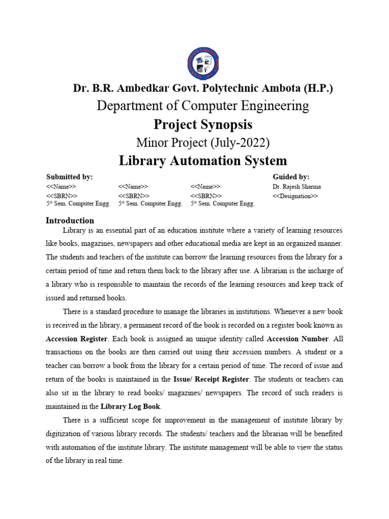 Project Synopsis-1 | PDF | Libraries | Application Software