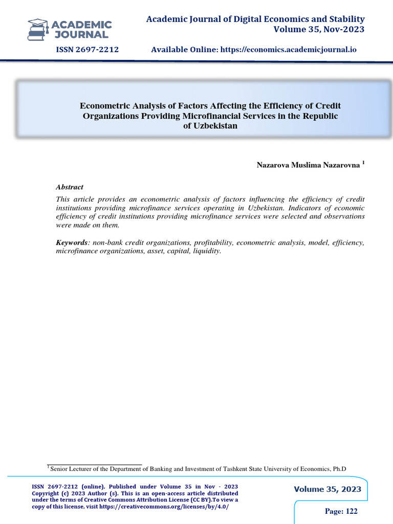 Econometric Analysis Of Factors Affecting The Efficiency Of Credit