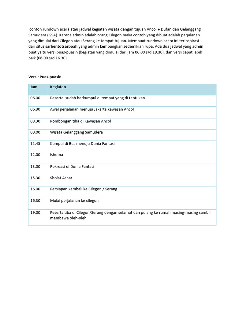 Contoh Rundown Acara Atau Jadwal Kegiatan Wisata Dengan Tujuan Ancol ...