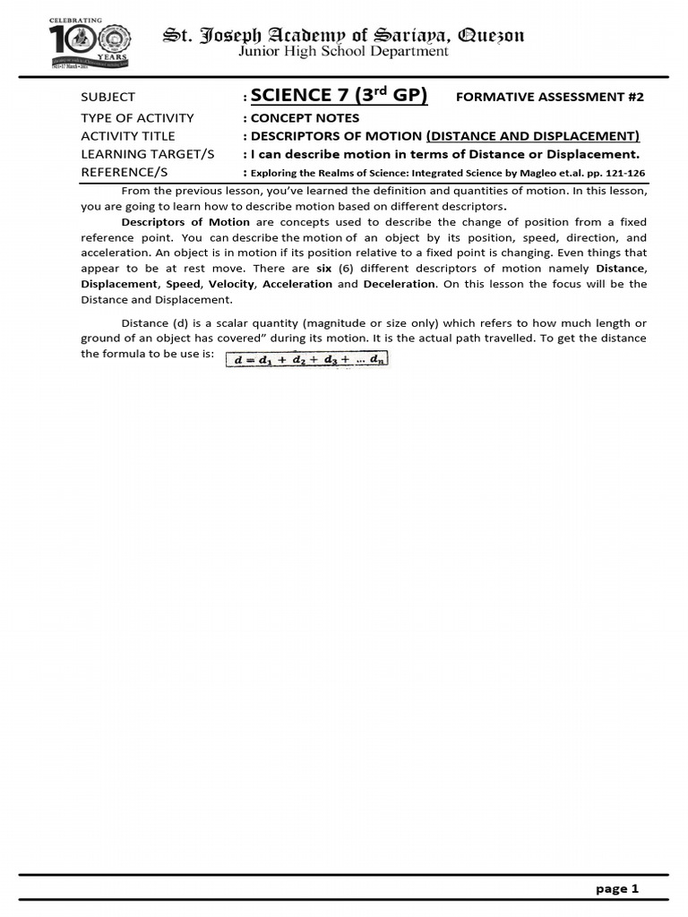 Descriptors of Motion: Distance & Displacement | PDF