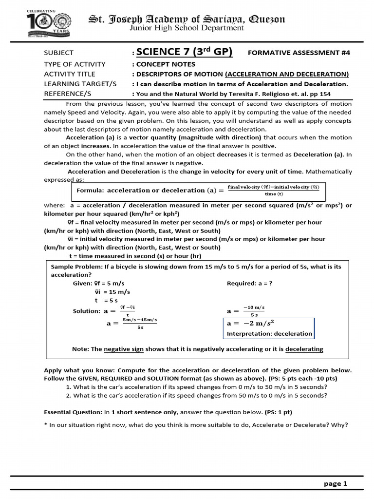 Formative Assessment 4 Pdf Acceleration Velocity