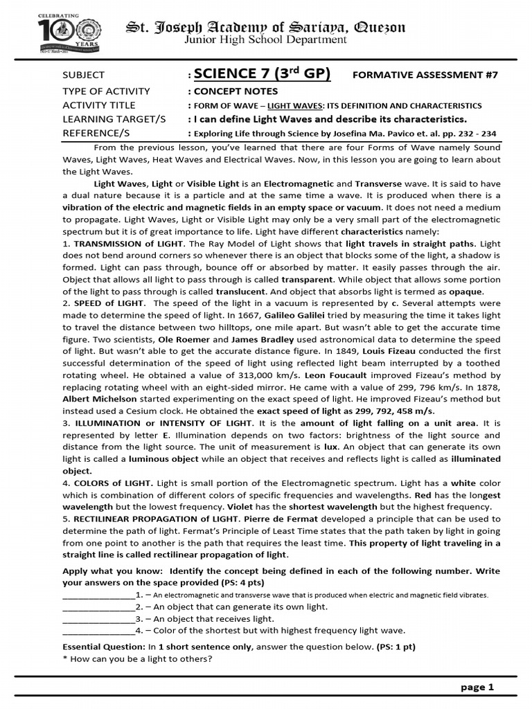 Formative Assessment 7 | PDF | Light | Waves