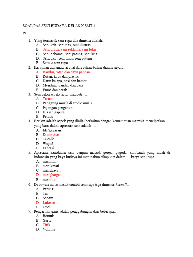 Soal Pas Seni Budaya Kelas X SMT 1 | PDF | Griya & Taman | Seni