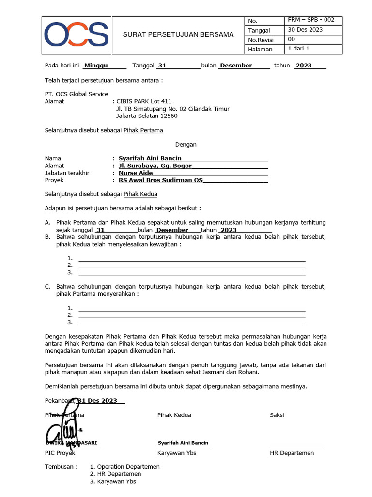 Form SPB (Surat Persetujuan Bersama) - Projek | PDF