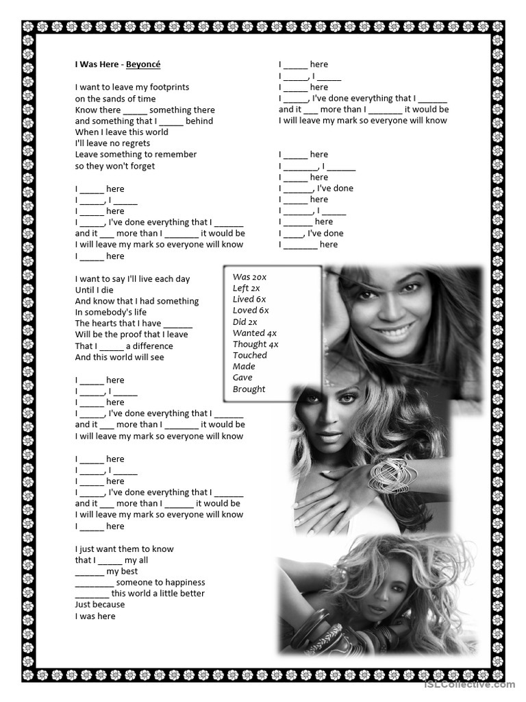 Beyonce - I Was Here - Song Gap Fill | PDF