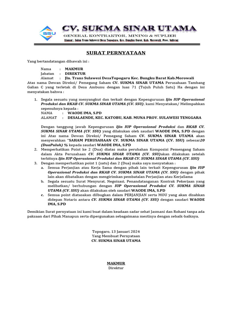 Surat Pernyataan Ssu - (Ibu Ima) | PDF