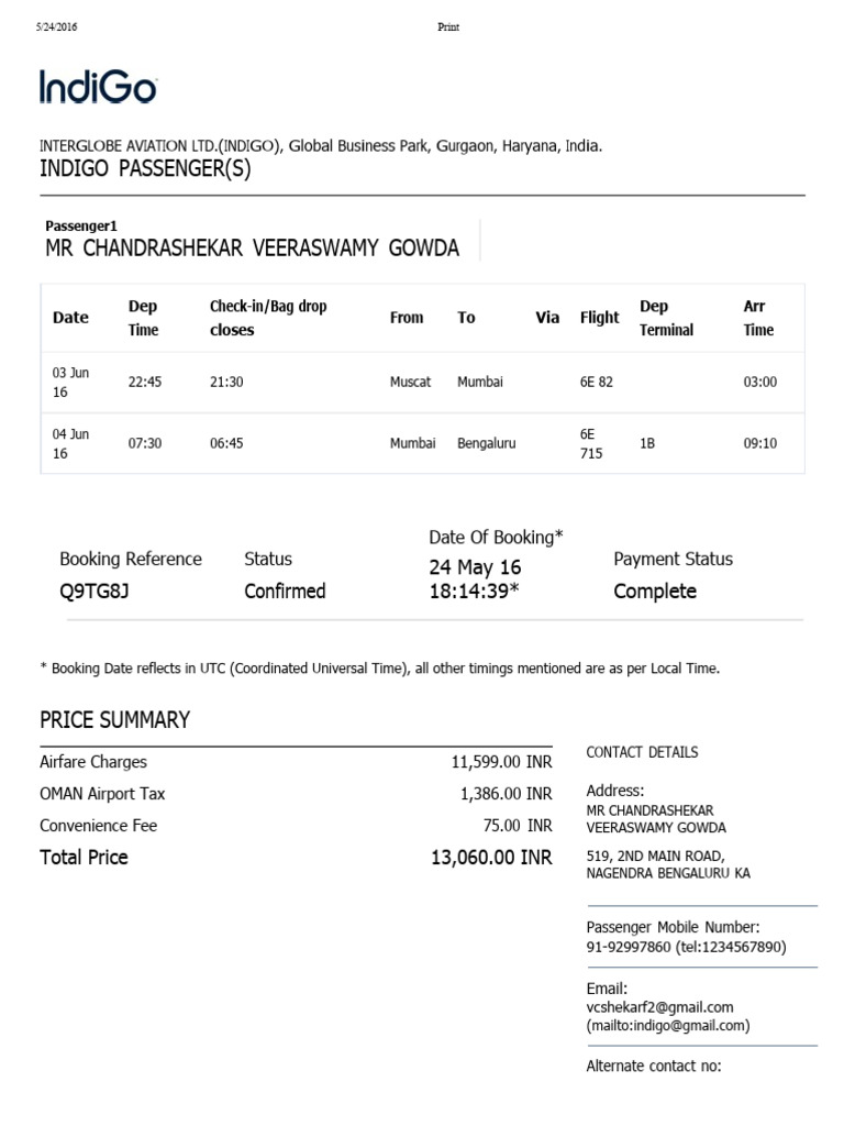 Air Indigo Ticket | PDF | Transport | Aviation