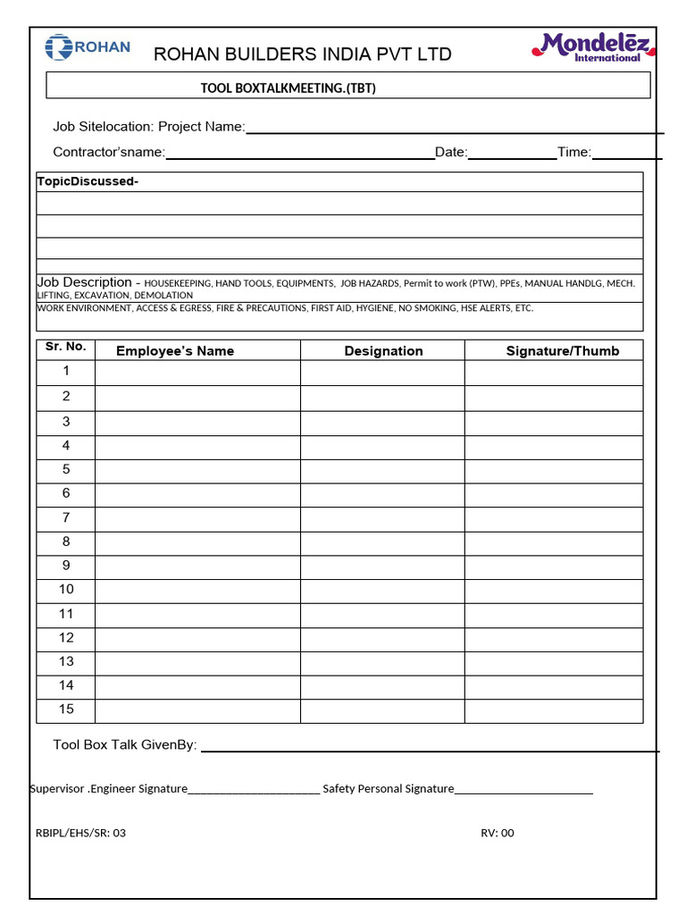 EHS-GF-03 Tool Box Talks Record | PDF