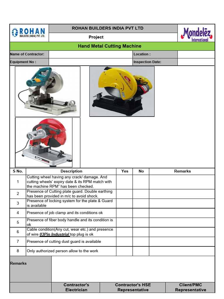Hand Metal Cutting Machine Inspection Checklist | PDF