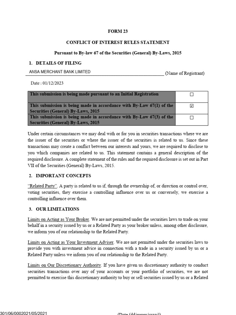Conflict of Interest Rules Statement 2023 | PDF