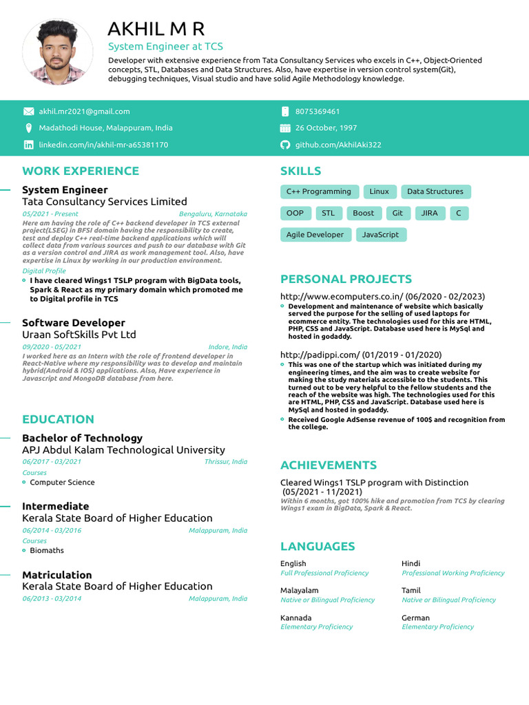 C++ Developer Resume - TCS Experience | PDF | Object Oriented Programming | Databases