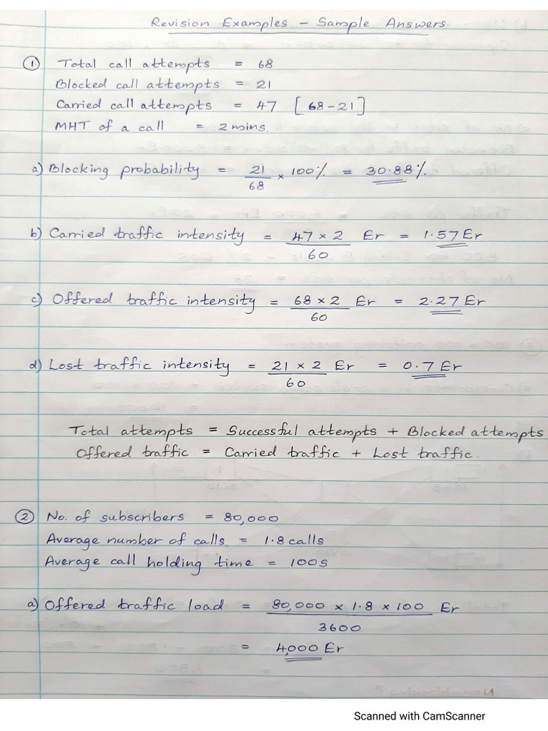 Tele-Traffic Revision Examples (Sample Answers) | PDF
