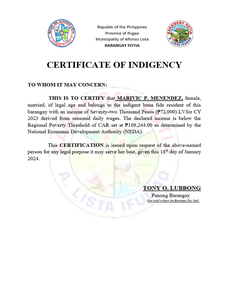Certification of Indigency | PDF