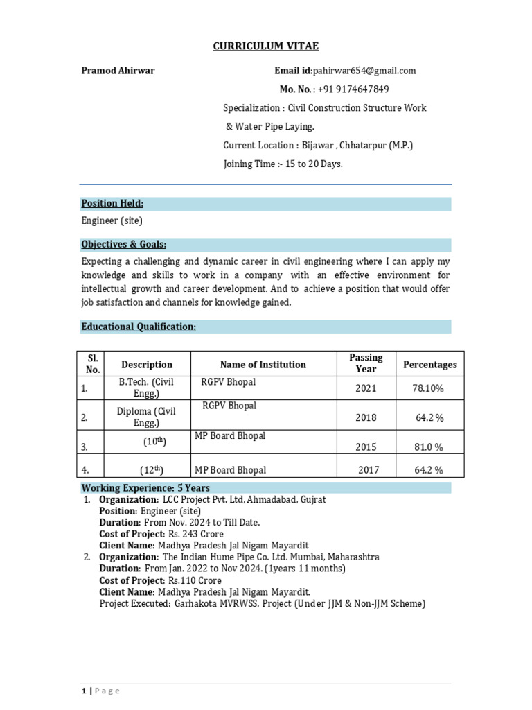 Pramod Ahirwar Resume | PDF | Dam | Pipe (Fluid Conveyance)
